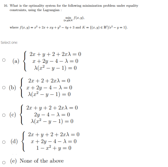 Solved 16. What is the optimality system for the following | Chegg.com