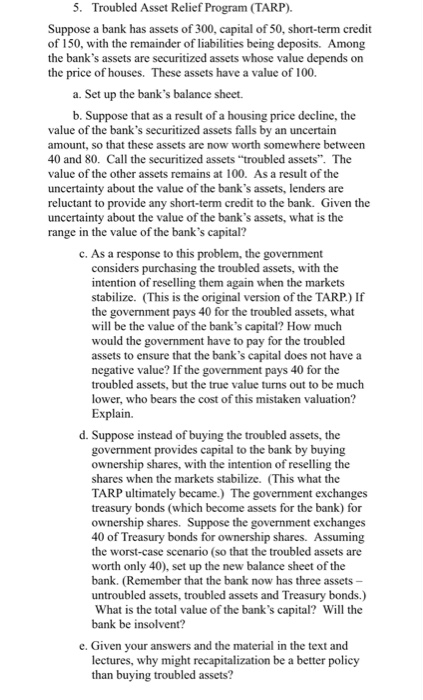Solved 5. Troubled Asset Relief Program (TARP) Suppose a | Chegg.com
