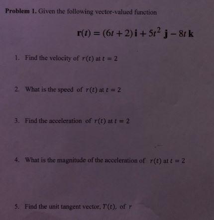 Solved Problem 1. Given the following vector-valued function | Chegg.com