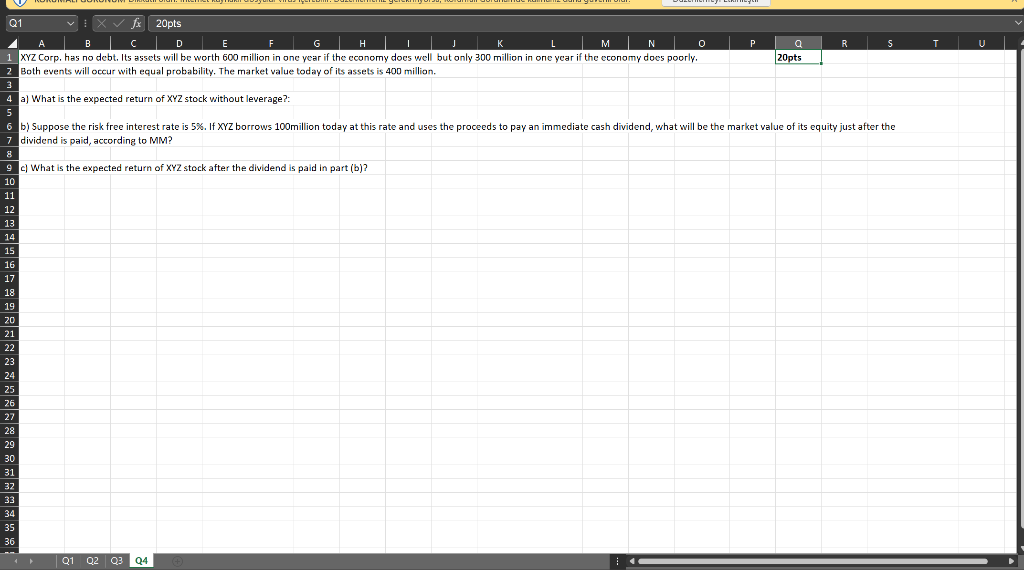 Solved P R U Q1 fx 20pts D F G н M N 0 1 XYZ Corp, has no | Chegg.com