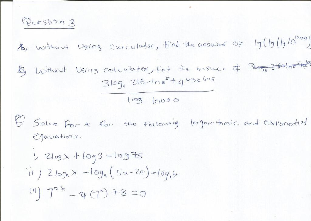 Solved Question 3 A without using calculator, Find the | Chegg.com