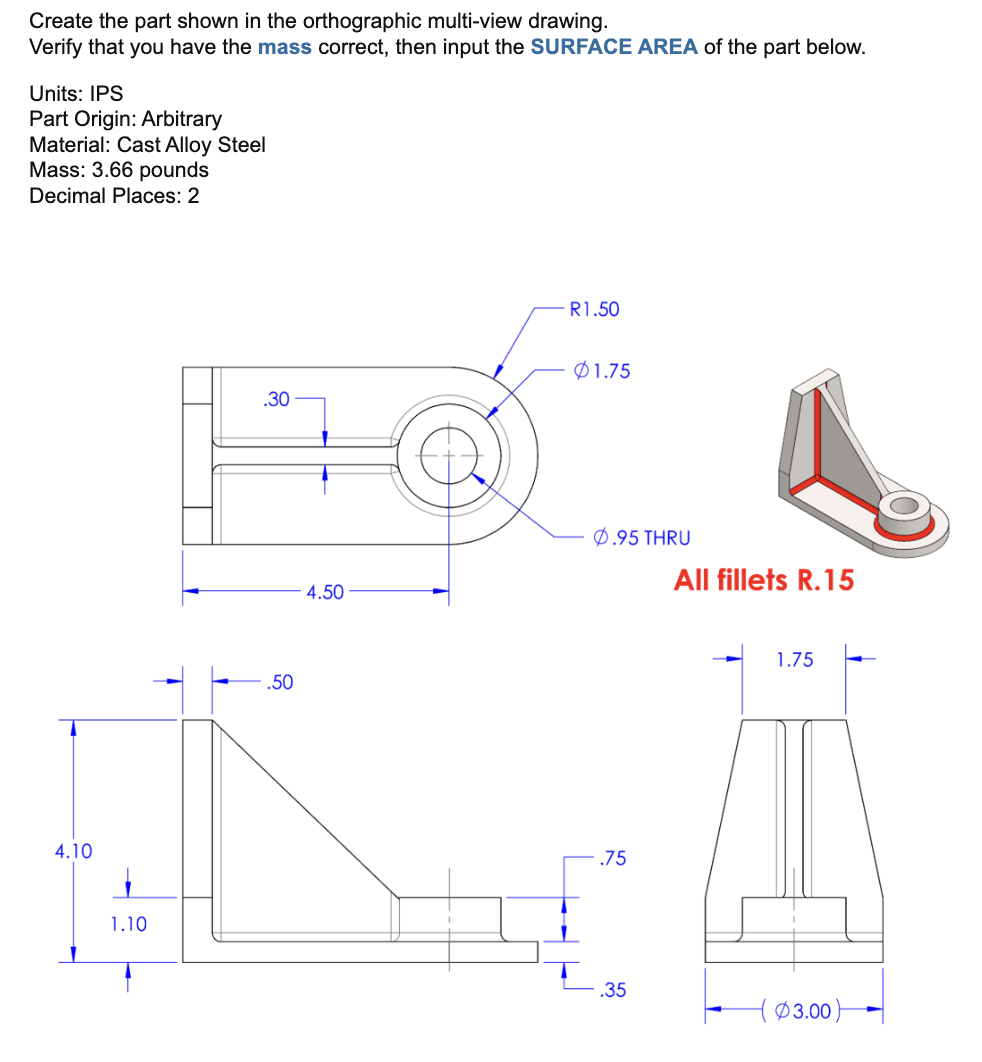 Solved Create the part shown in the orthographic multi-view | Chegg.com