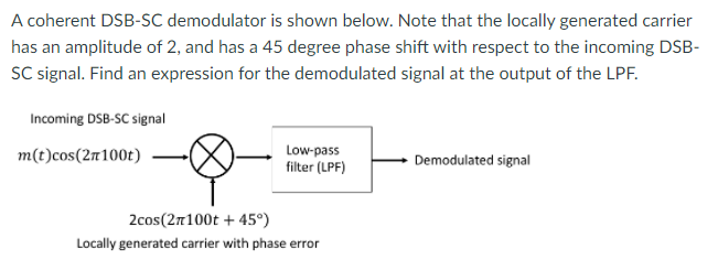 Solved A coherent DSB-SC demodulator is shown below. Note | Chegg.com