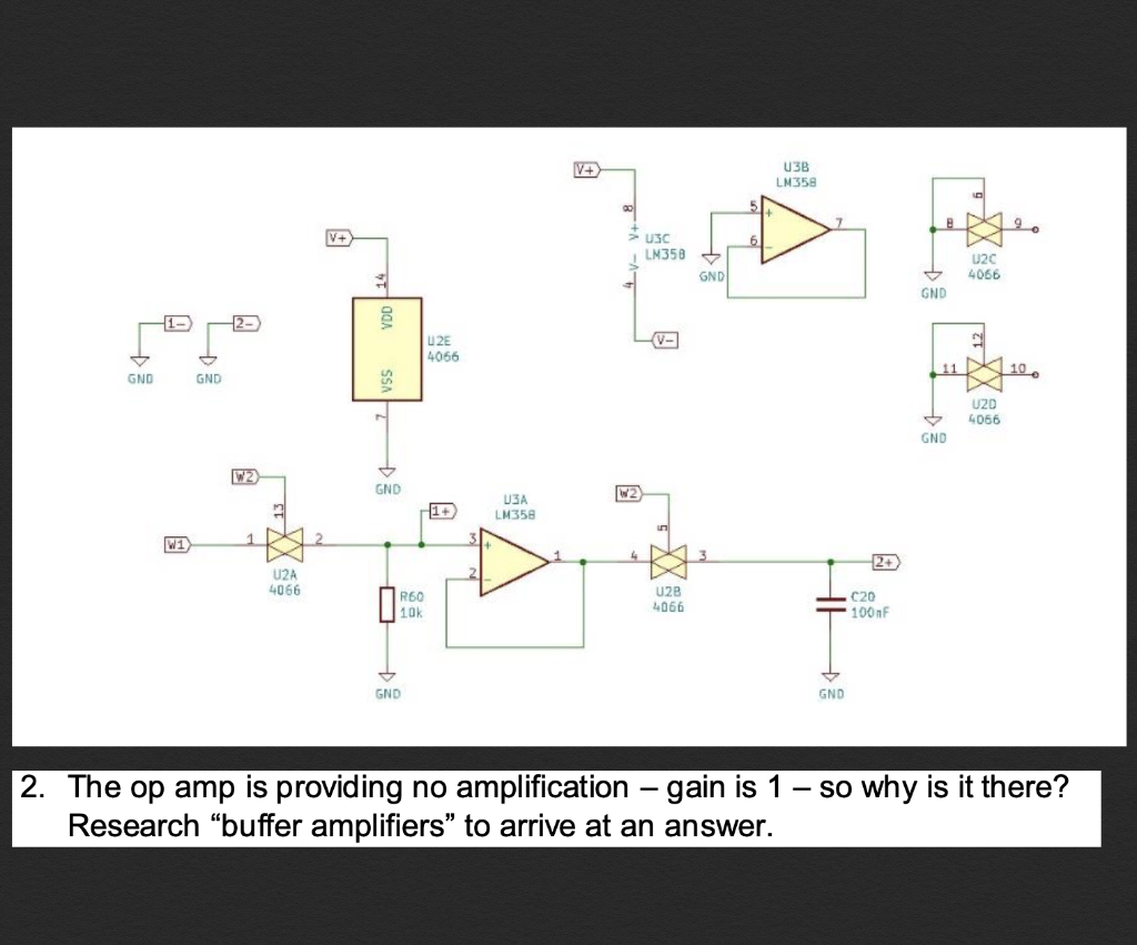 Solved V+ U3B LM355 V+ UC LM350 U2C 4066 GND VDD 14 GND 1- | Chegg.com