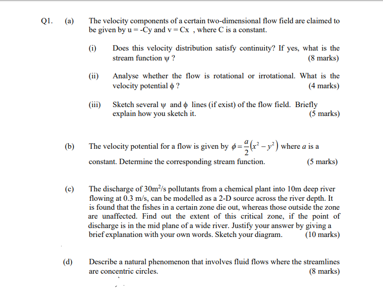 Solved Q1. (a) The velocity components of a certain | Chegg.com