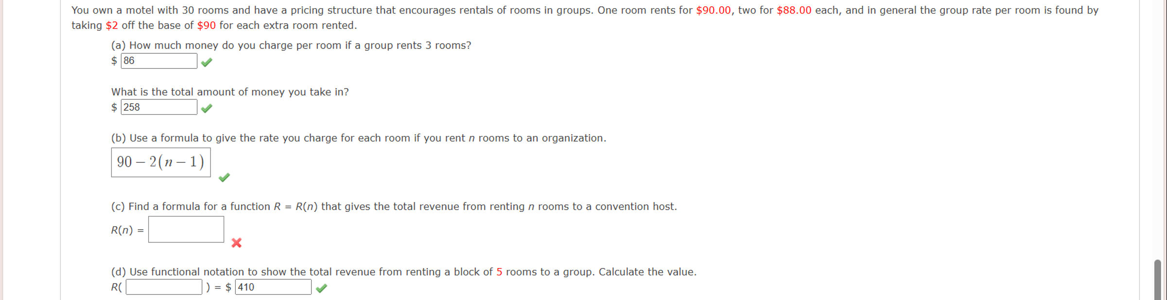 Solved taking $2 ﻿off the base of $90 ﻿for each extra room | Chegg.com