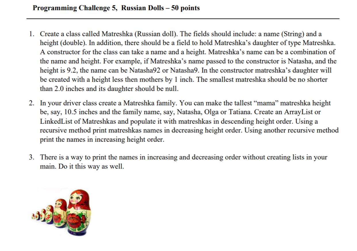 Solved Programming Challenge 5, Russian Dolls – 50 points 1. | Chegg.com