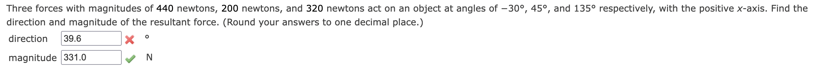 Solved Three forces with magnitudes of 440 newtons, 200 | Chegg.com