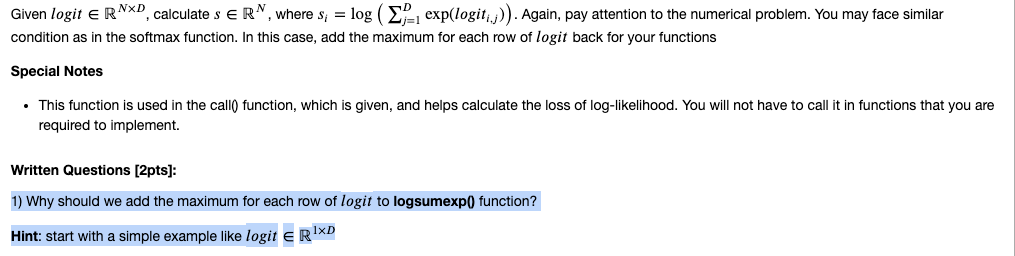 Solved Given logit ∈RN×D, calculate s∈RN, where | Chegg.com
