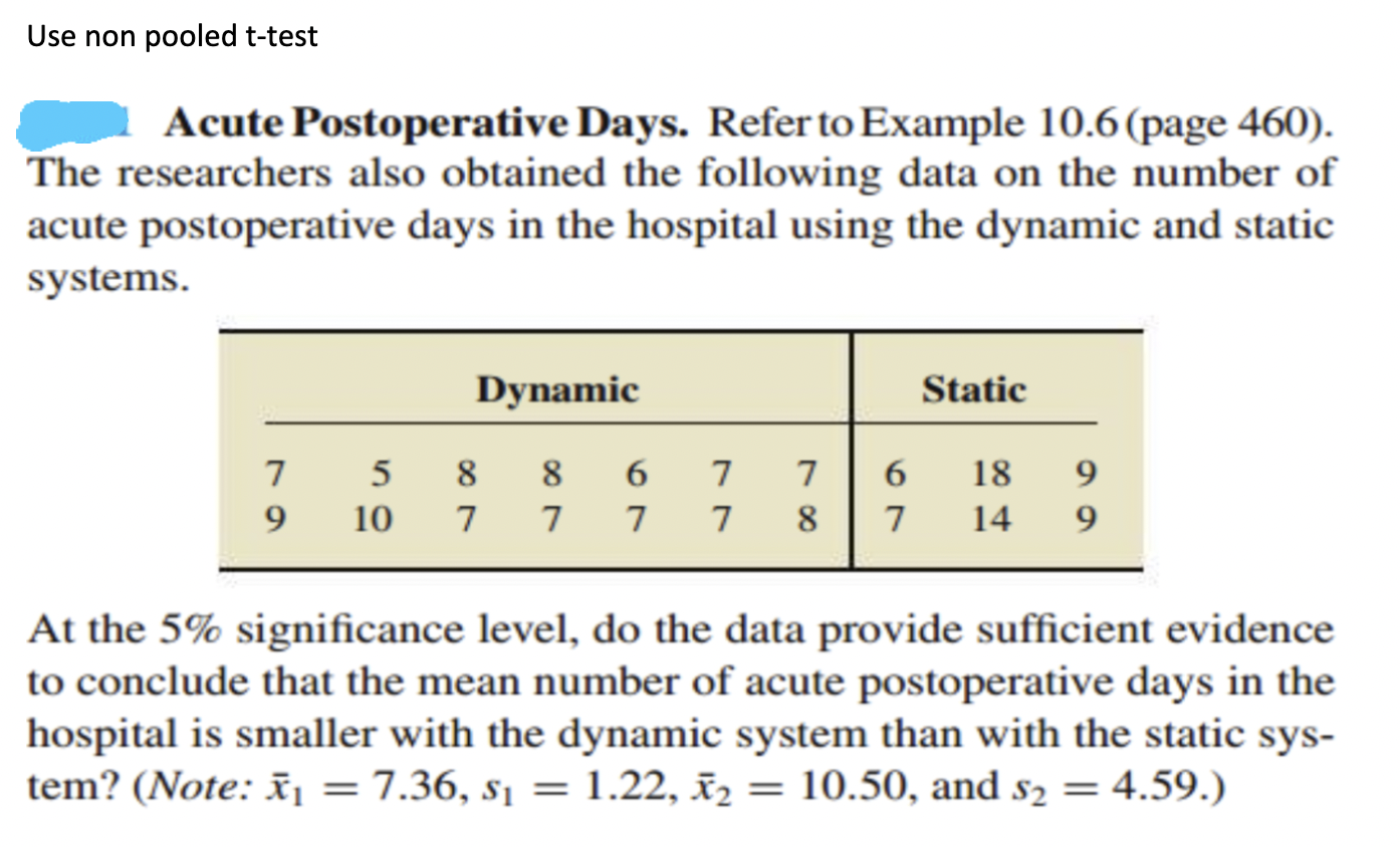 Solved Use non pooled t-test Acute Postoperative Days. Refer | Chegg.com