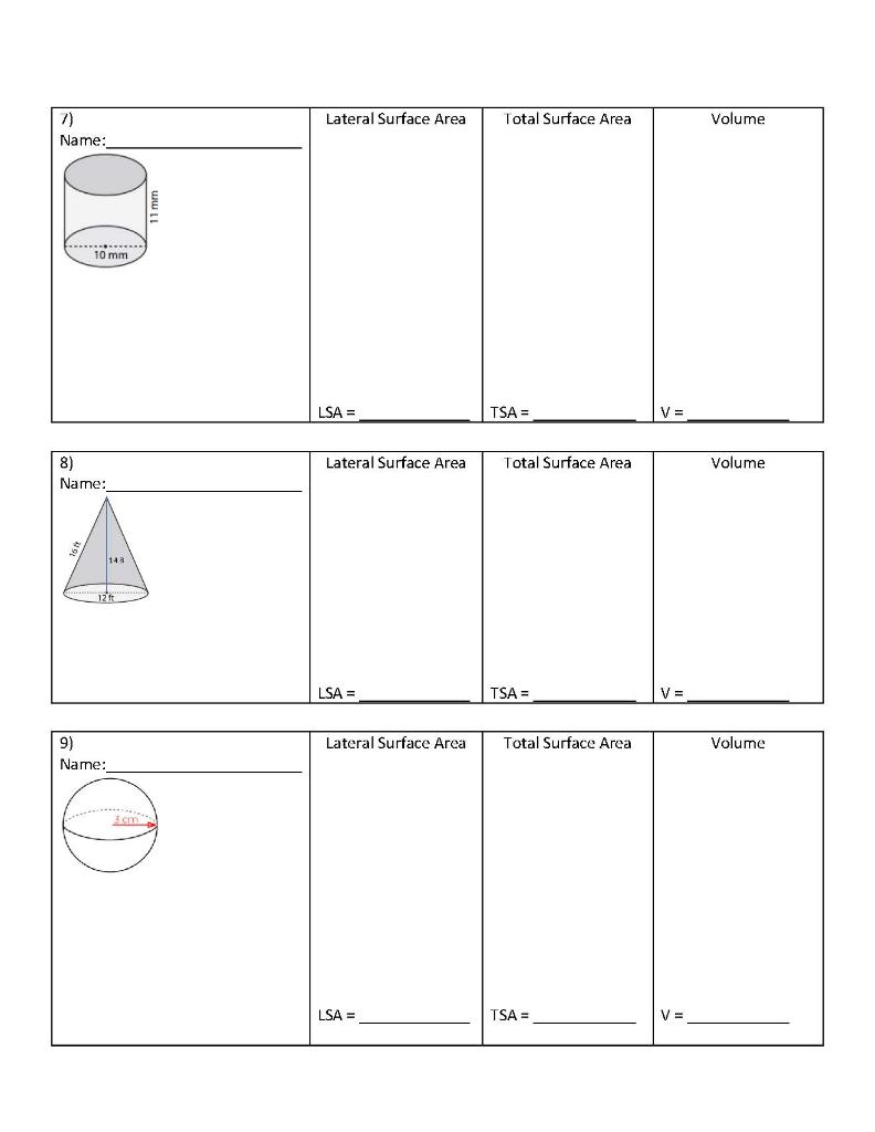 Solved Lateral Surface Area Total Surface Area Volume Name: | Chegg.com