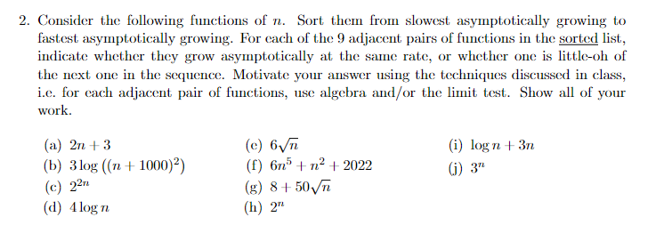 Solved n. 2. Consider the following functions of n. Sort | Chegg.com