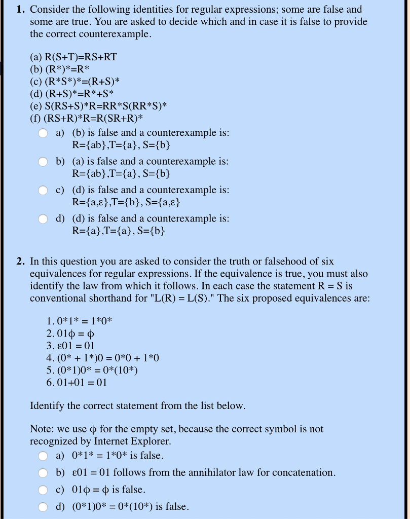 Solved 1. Consider the following identities for regular | Chegg.com