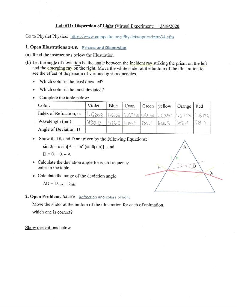 Solved Lab #11: Dispersion of Light (Virtual Experiment) | Chegg.com