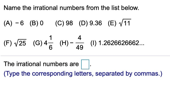 Irrational Numbers List