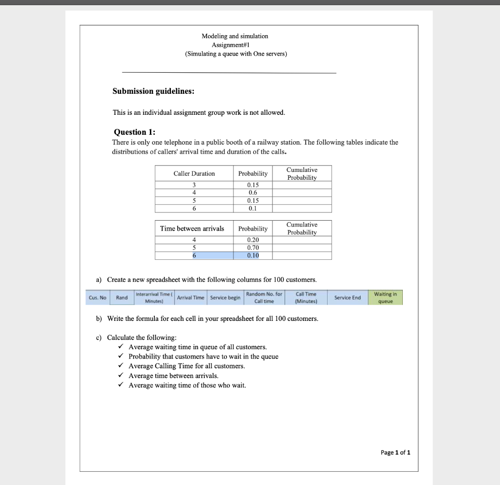 Modeling And Simulation Assignment 1 Simulating A