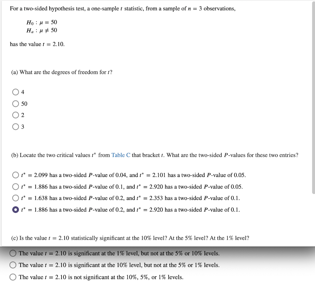Solved For a two-sided hypothesis test, a one-sample t | Chegg.com