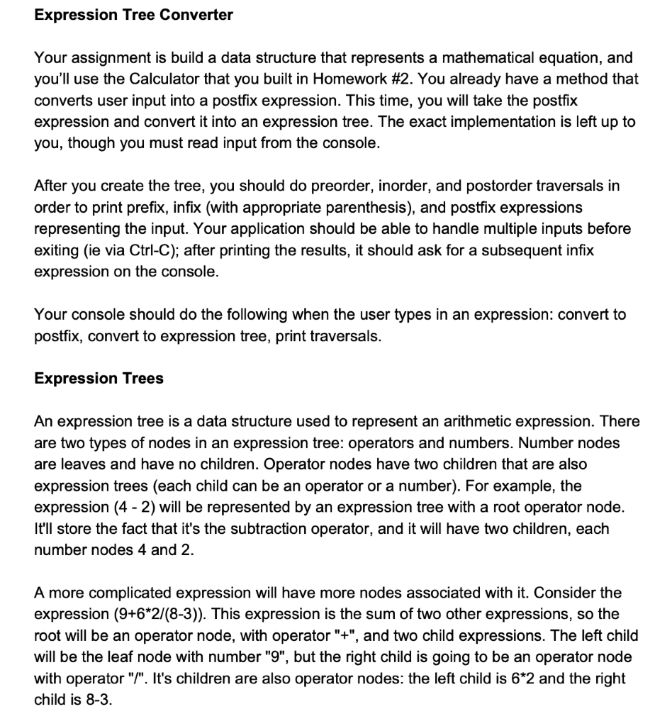 Solved Expression Tree Converter Your assignment is build a | Chegg.com