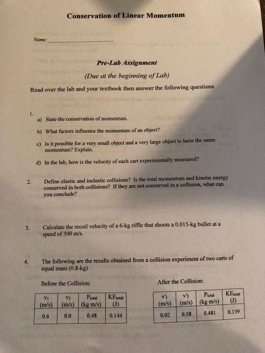 Solved Conservation of Linear Momentum Name Pre-Lab | Chegg.com