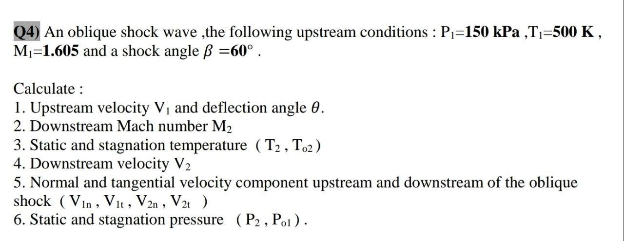 Solved (4) An oblique shock wave ,the following upstream | Chegg.com