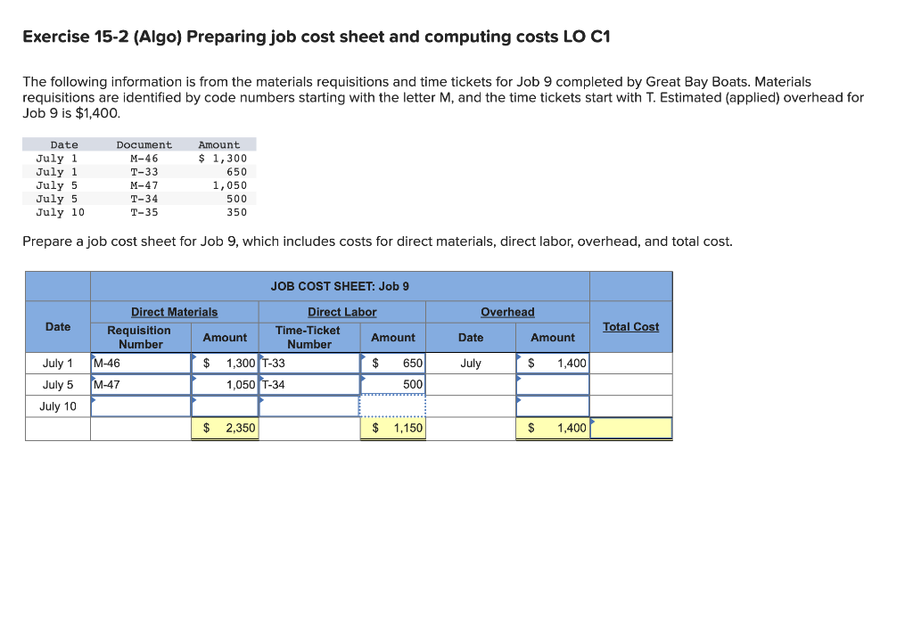 Solved Exercise 15−2 (Algo) Preparing job cost sheet and | Chegg.com
