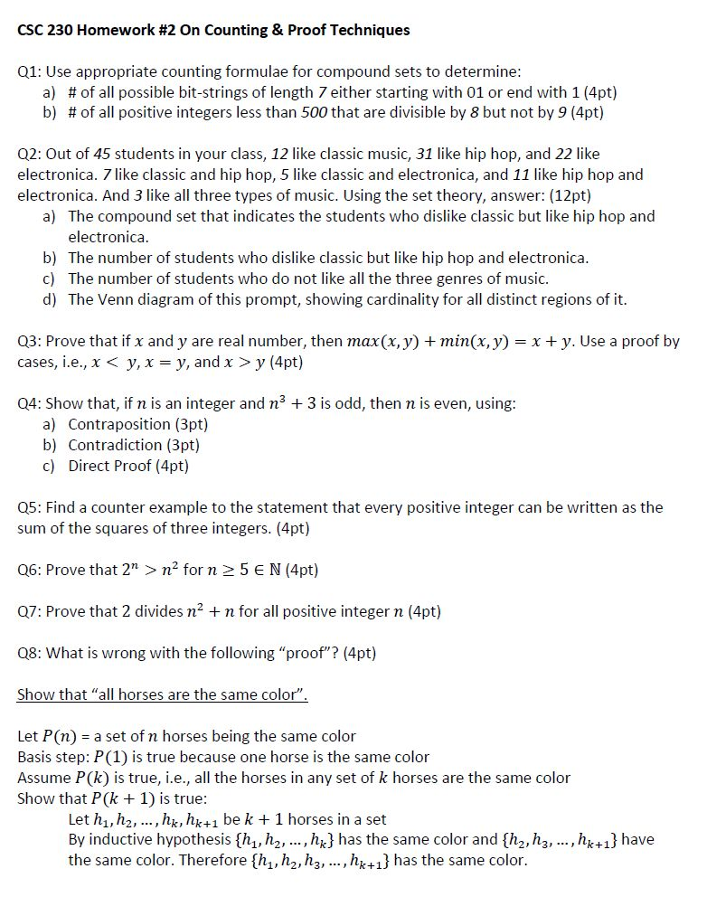 Solved CSC 230 Homework #2 On Counting & Proof Techniques | Chegg.com