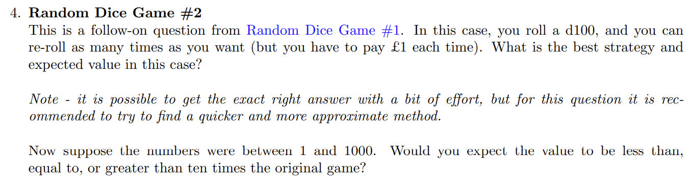 Solved 4. Random Dice Game #2 This is a follow-on question | Chegg.com