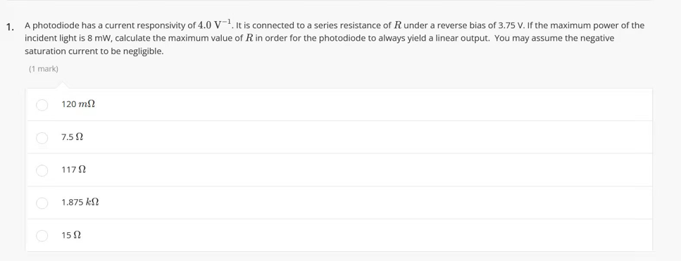 Solved 1. A photodiode has a current responsivity of 4.0 v-. | Chegg.com