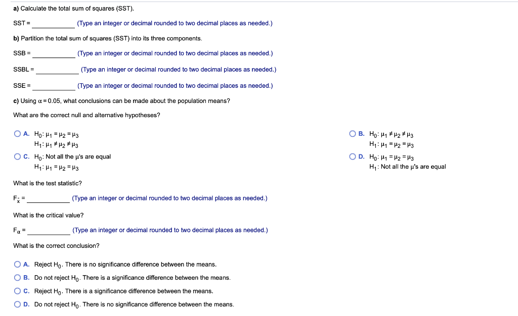 Solved a) Calculate the total sum of squares (SST). SST = | Chegg.com