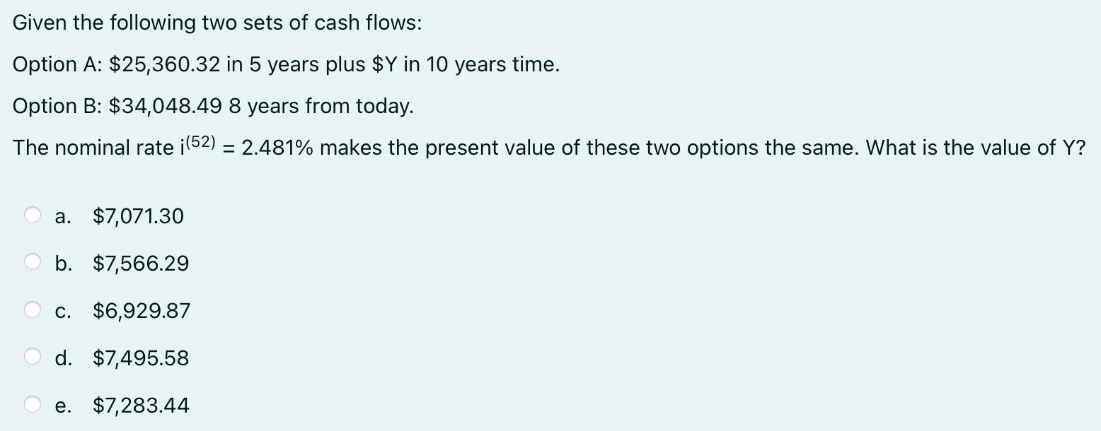 Solved Given the following two sets of cash flows: Option A: | Chegg.com