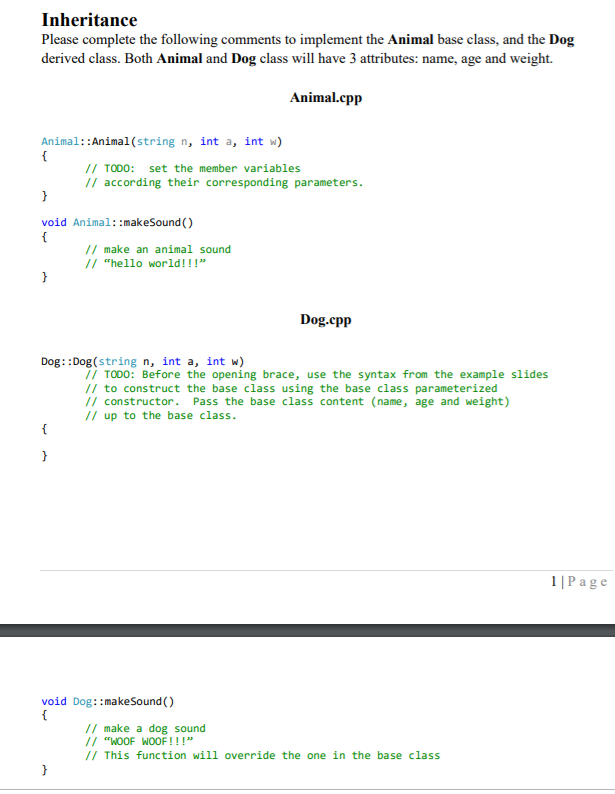 Solved Inheritance Please complete the following comments to | Chegg.com
