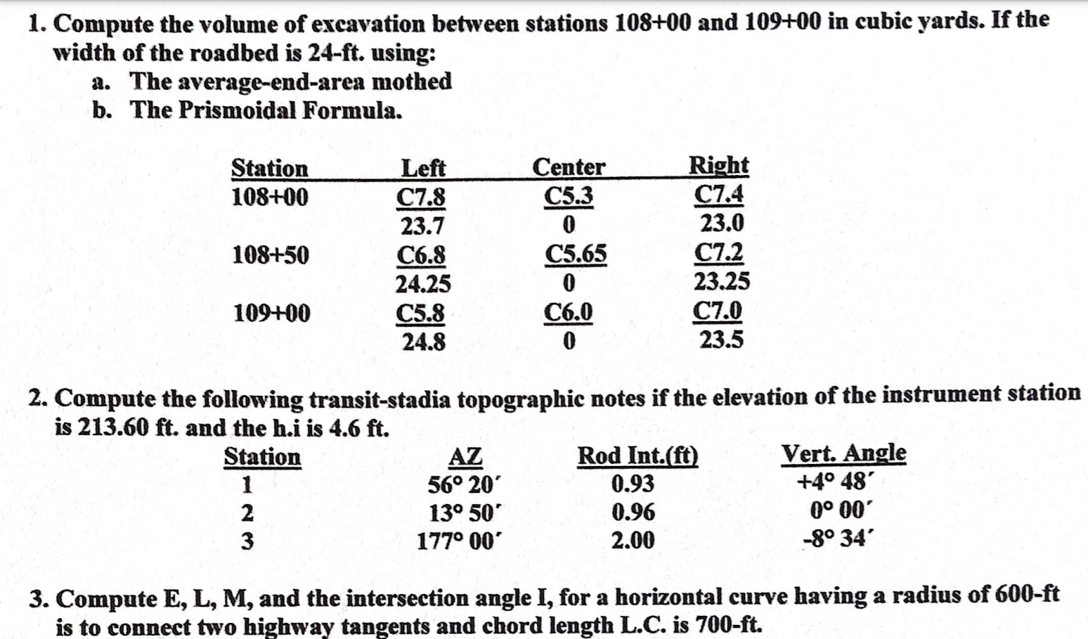 Solved 1. Compute the volume of excavation between stations | Chegg.com