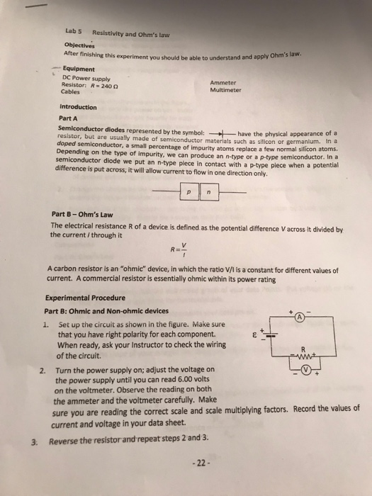 Solved Lab 5 Resistivity and Ohm's law Objectives After fini | Chegg.com
