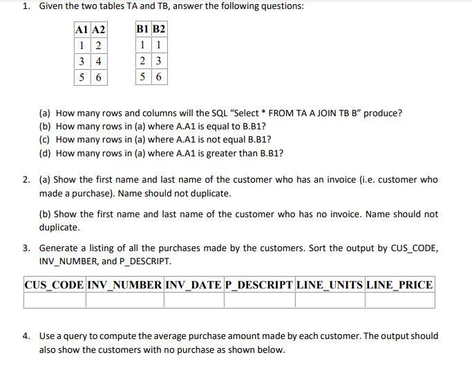 Solved 1. Given the two tables TA and TB, answer the | Chegg.com