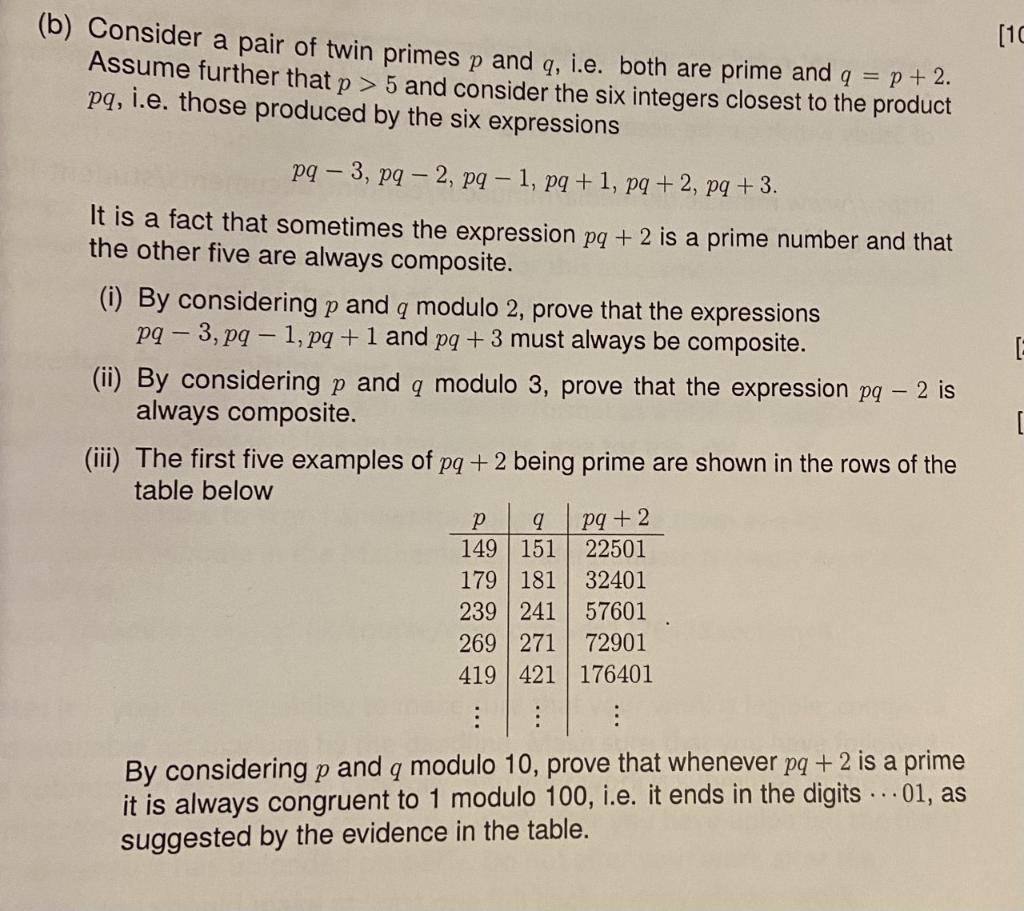 Solved [10 (b) Consider a pair of twin primes p and q, i.e. | Chegg.com
