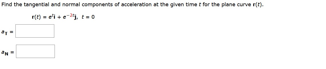 Solved r(t)=eti+e−2tj,t=0 aT= aN= | Chegg.com