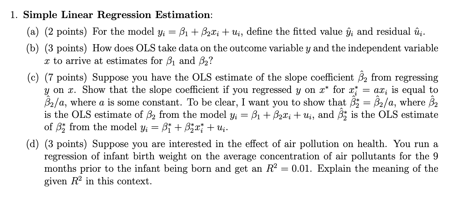1. Simple Linear Regression Estimation: (a) (2 | Chegg.com