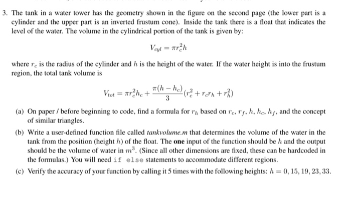 Solved 3. The tank in a water tower has the geometry shown | Chegg.com