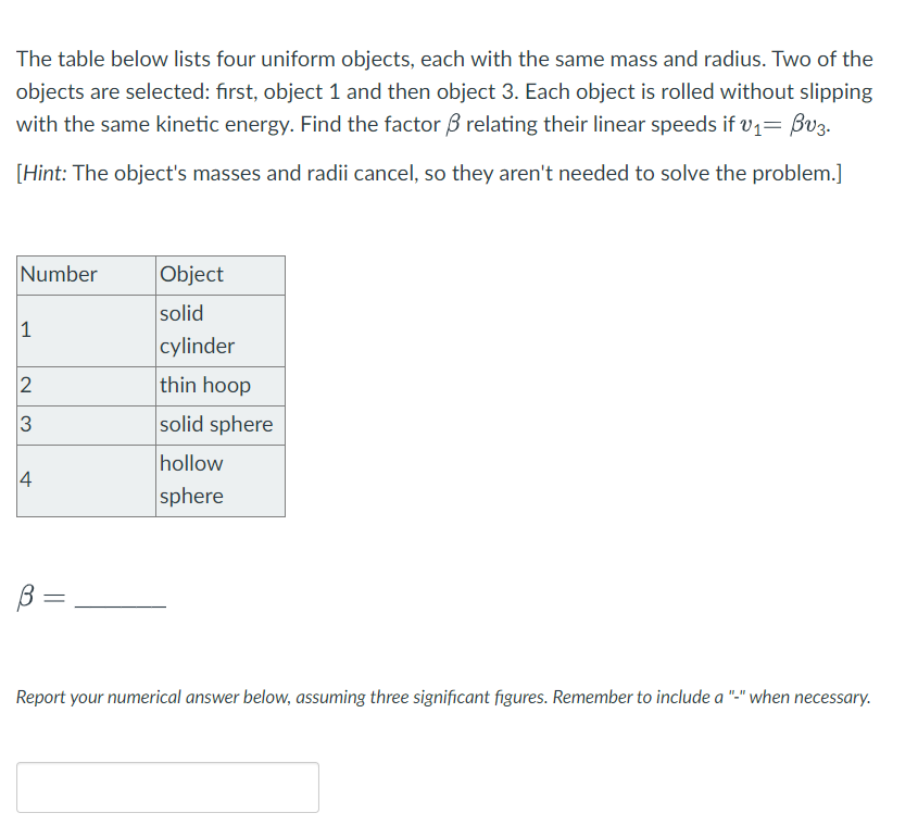 Solved The Table Below Lists Four Uniform Objects Each With