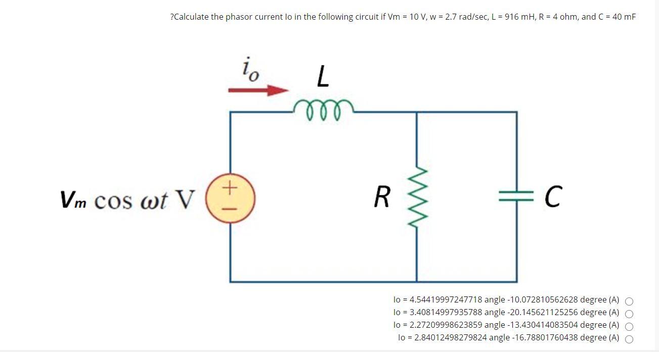 Solved ?Calculate the phasor current lo in the following | Chegg.com