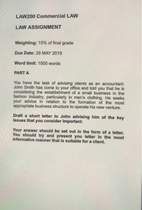 Solved LAW200 Commercial LAW LAW ASSIGNMENT Weighting: 1 5% | Chegg.com
