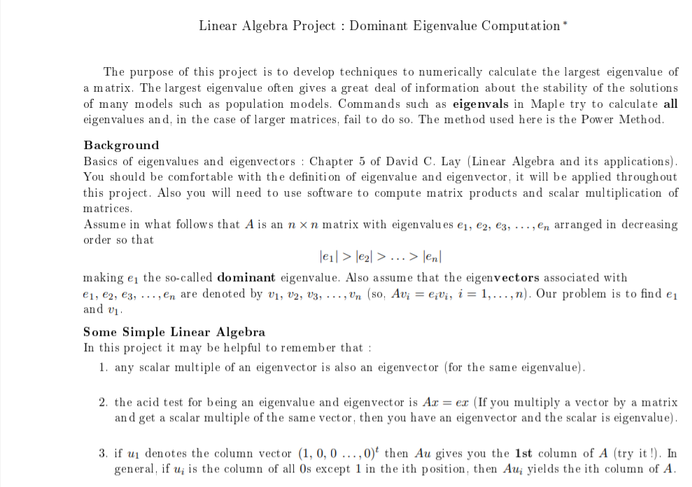 Solved Linear Algebra Project : Dominant Eigenvalue | Chegg.com