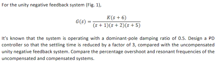 Solved For the unity negative feedback system (Fig. 1), G(S) | Chegg.com