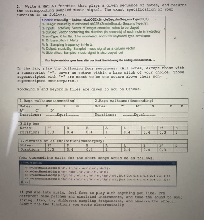 Solved . Write a MATLAB function that constructs and plays | Chegg.com