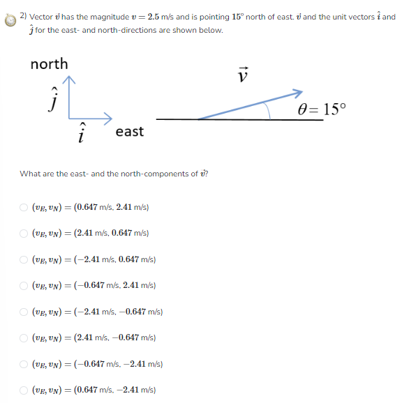 Solved 2) Vector v has the magnitude v=2.5 m/s and is | Chegg.com