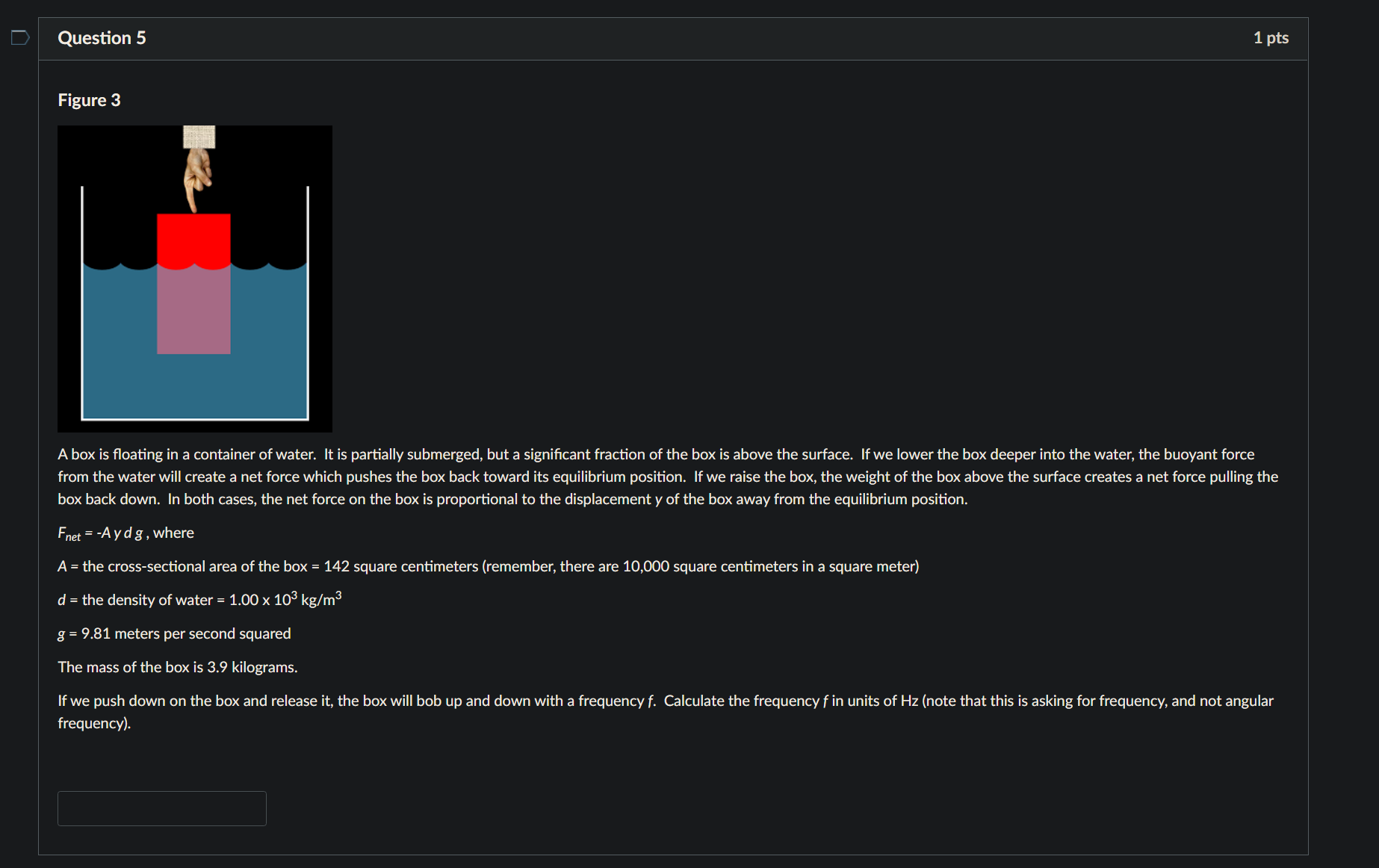 Solved Question 5 1 pts Figure 3 A box is floating in a | Chegg.com