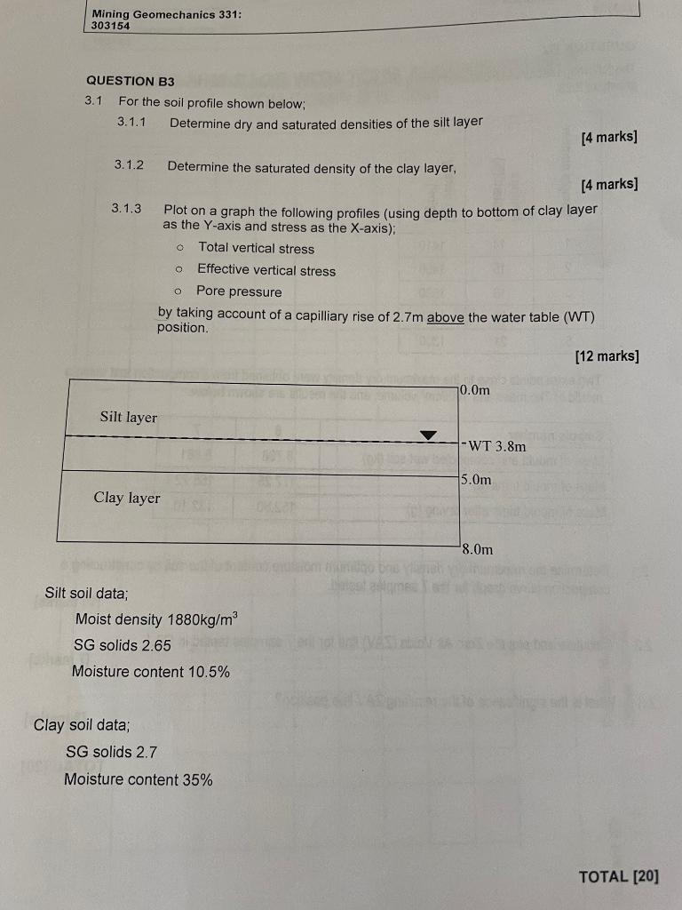 Solved Mining Geomechanics 331: 303154 QUESTION B3 3.1 For | Chegg.com