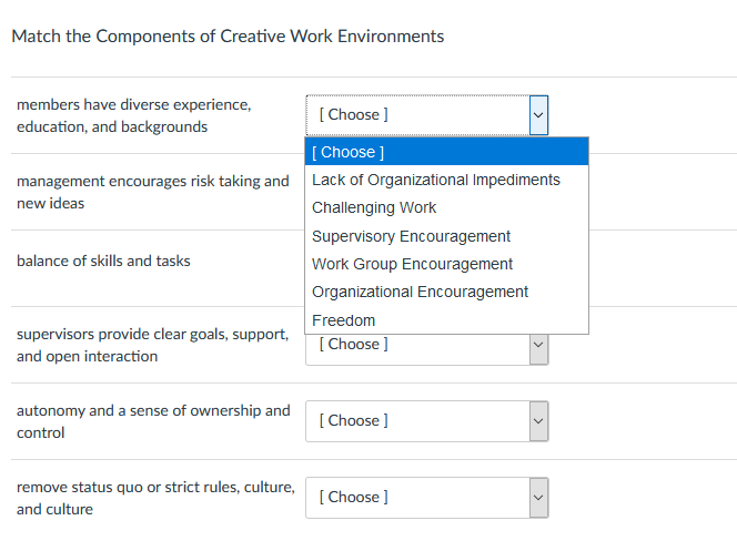 Solved Match the Components of Creative Work Environments | Chegg.com