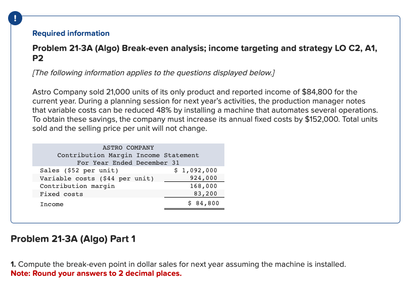 Solved Problem 21-3A (Algo) Break-even analysis; income | Chegg.com