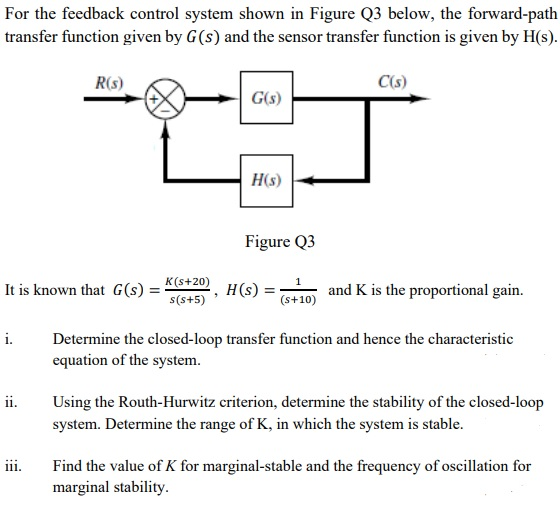 Solved For the feedback control system shown in Figure Q3 | Chegg.com